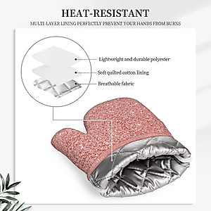 Oven Mitts Heat Resistant Silicone and Polyester Rose Gold Pink Glitter Print Kitchen Mitts Thick Oven Gloves for Cooking, BBQ, Baking, Grill, Pizza Pair
