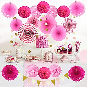 ZERODECO Party Decoration, 21 Pcs Pink Hanging Paper Fans, Pom Poms Flowers, Garlands String Polka Dot and Triangle Bunting Flags for Birthday Parties, Bridal Showers, Baby Showers, Wedding