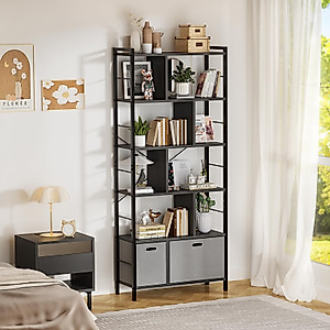 armocity 74 Inch Tall Bookshelf, 6 Tier Bookcase with Drawers, Modern Book Shelf Display Standing Shelf Units with Storage, Wood and Metal Bookshelves for Living Room, Bedroom, Home Office, Black