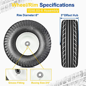 15x6.00-6 Lawn Mower Tires, Riding Lawn Mower Tires 15x6.00-6, 4 Ply Tubeless Lawn Tractor Tires, 3" Offset Hub Long with 3/4" Bushings, Pack of 2