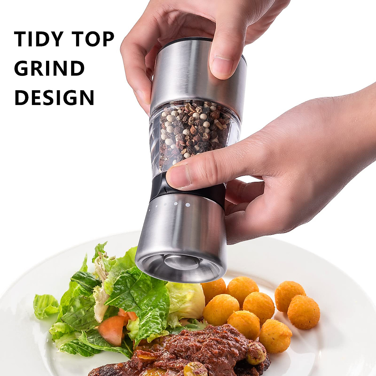 Pepper Grinder, Professional Refillable Pepper Mill with 5 levels Adjustable Coarse Mills, Salt Grinder Stainless Steel Sea Salt &amp; Spice Shakers
