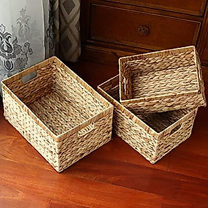 Water Hyacinth Wicker Baskets for Organizing, Rectangular Wicker Baskets with Built-in Handles 3-Pack