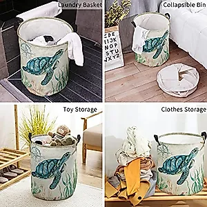 Marine Animals Freestanding Laundry Basket with Handles, Collapsible Waterproof Large Laundry Hamper for Baby Nursery Kids Room Dorm Storage, Ocean Theme Sea Turtle Starfish