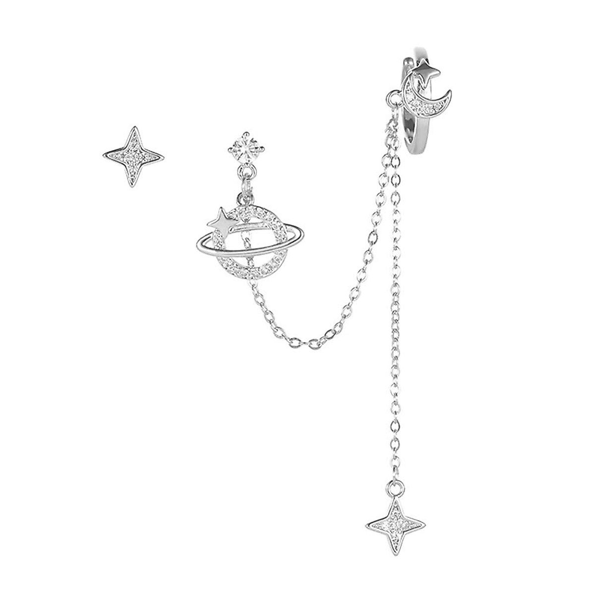 Planet CZ Moon Star Ear Cuff Wrap Clip On Clawler Climber Hoop 925 Sterling Silver Stud Chain Threader Tassel Asymmetric Earrings for Women Cute Hypoallergenic Gifts Daughter Bff (silver)