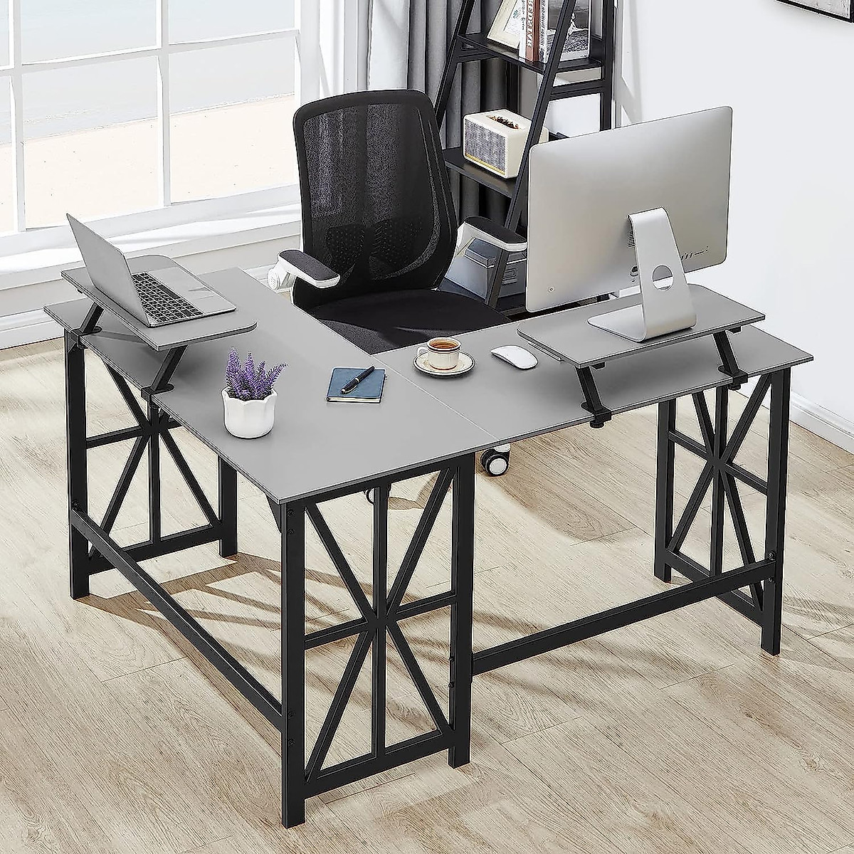 GreenForest L Shaped Desk with 2 Monitor Stand, 50.4 inch Reversible Corner Computer Desk for Home Office Study Gaming Workstation Crafting Table for Small Spaces Saving, Easy Assembly, Grey