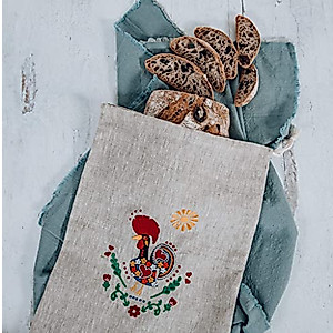 Artisan Linen Bread Bags, Embroidered Set of 2 Large Reusable Bread Bags for Homemade Bread with Drawstring - Gifts for Bakers - Rooster Gifts for Women