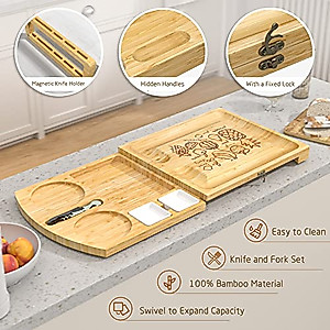 Cheese Board Charcuterie Board Set - Swiveling Wine Meat Cheese Platter Bamboo Cheese Server with Knives, Forks, Wine Opener, Ceramic Bowls for Gathering Party - Warming Gift for Women Friend