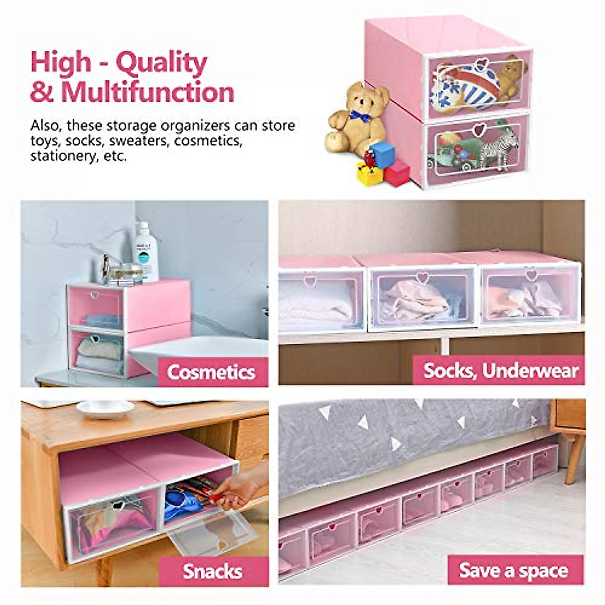 12 Pack Stackable Shoe Boxes Plastic Storage Bins, Sneaker Container with Clear Lids, Closet Organizer by Hommtina (Pink)