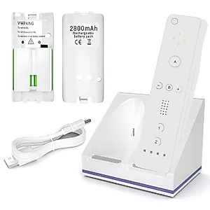 Wii Remote Charger, 2 in 1 Charging Station Charger Dock with 2 Pack 2800mAh Rechargeable Battery Fit for Wii/Wii U Remote Controller