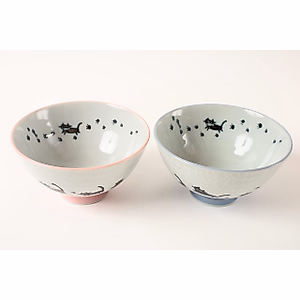 Mino ware Japanese Pottery Pair Rice Bowl Black Cats & Foot Prints Blue & Pink made in Japan (Japan Import) MIG005
