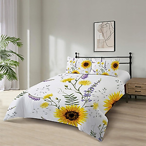 Tokokimo Sunflower Duvet Cover Queen Size White Floral Duvet Cover Set for Women Girl 1 Duvet Cover with 2 Pillowcases, Queen Size