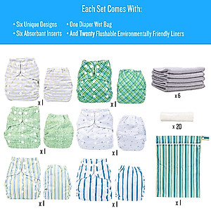 Simple Being Reusable Cloth Diapers, Double Gusset, One Size Adjustable, Washable Soft Absorbent, Waterproof Cover, Eco-Friendly Unisex Baby Girl Boy, six 4-Layers Microfiber Inserts (Boy Stripe)