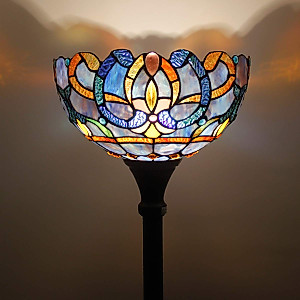 WERFACTORY Tiffany Floor Lamp Blue Purple Cloud Stained Glass Light 12X12X66 Inches Pole Torchiere Standing Corner Torch Uplight Decor Bedroom Living Room Home Office S558 Series (Blue Purple)