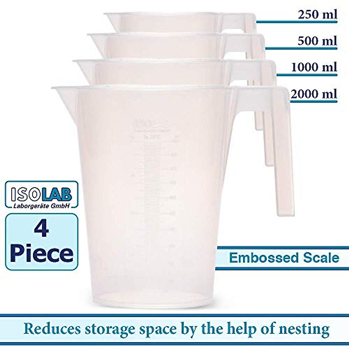 ISOLAB USA - 4 Pieces Premium Set of Laboratory Plastic Beaker With Handle, High Clarity, Polypropylene, Raised Graduations, Autoclavable, Lab Pitchers, (Beakers w/Handle, 4)