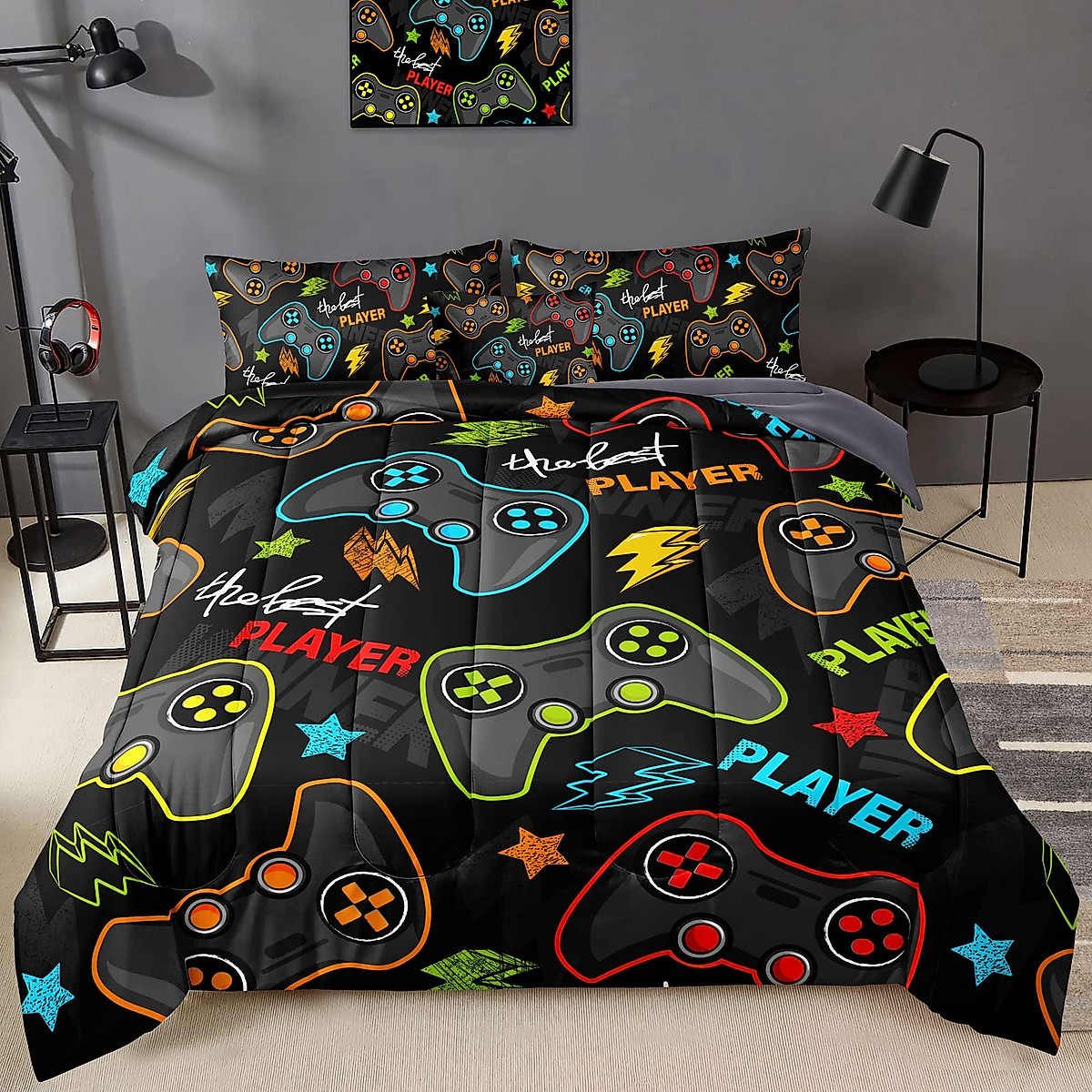 BDUCOK 6 Pieces Gamer Comforter Set for Boys Gaming Bedding Set Full Size,Video Game Controller Comforter for Boys Kids Adult 3D Gamepad Microfiber Bedding Sets 6 Pieces Bed in A Bag Sets3011,Full