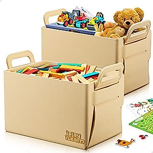 iPlay, iLearn 2pcs Kids Toy Box Storage Organizers, Felt Fabric Foldable Toy Storage Bins & Chests for Boys, Girls, Toddlers Room, Toybox for Playroom, Bedroom, Nursery, Living Room 15.7"x10.8"x10"