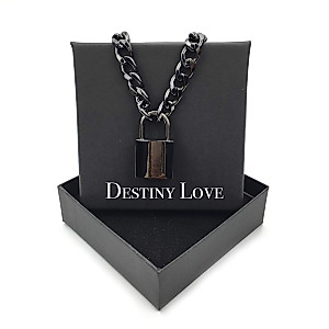 Destiny Love Handmade Heart Padlock Necklace Stainless Steel Metal Collar Choker with Two Keys and Box for Men Women (D)