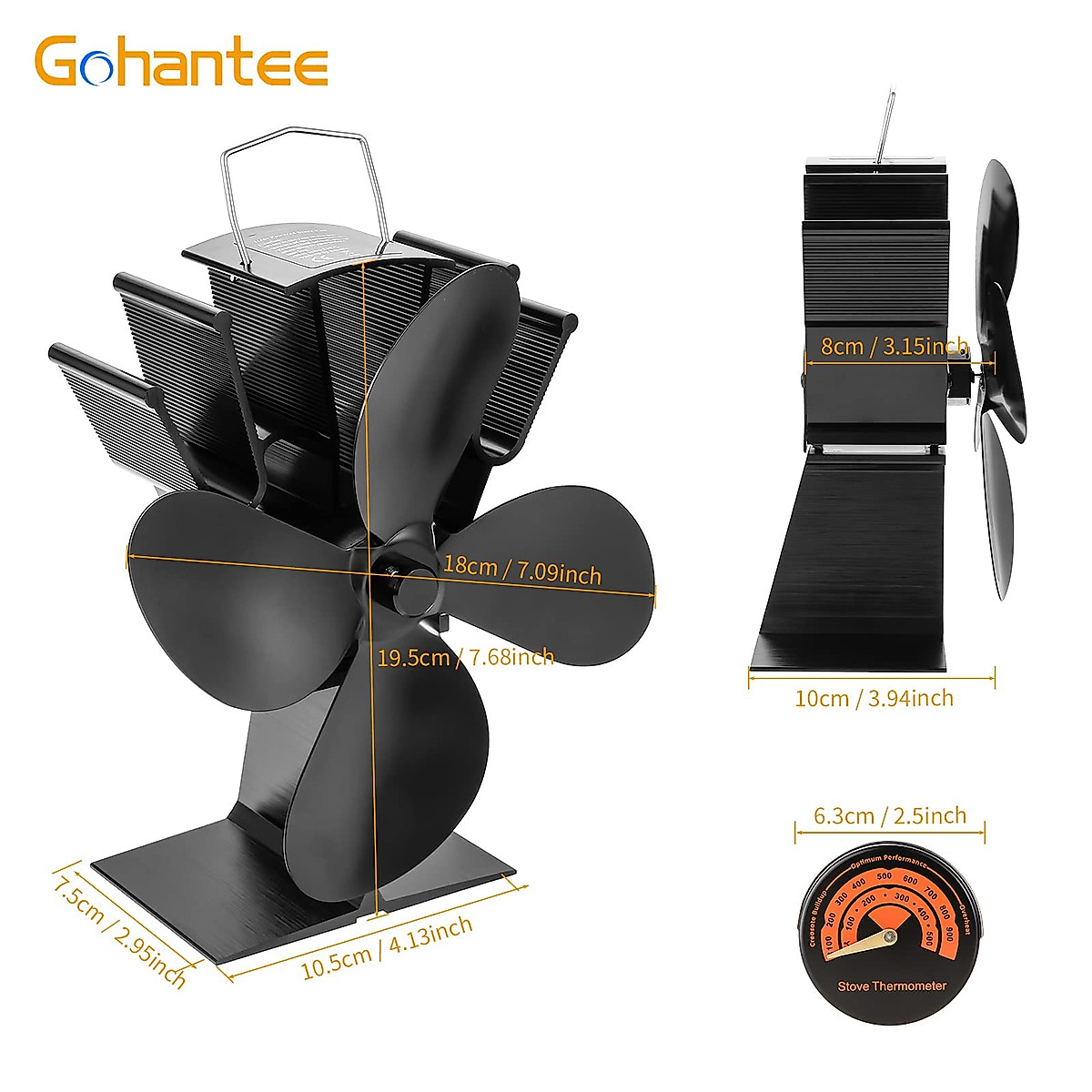 Wood Stove Fan Heat Powered Stove Fan with Thermometer, 4-Blade Fan Start Silent for Wood Fireplace Log Burner Increases Warm Friendly and Efficient