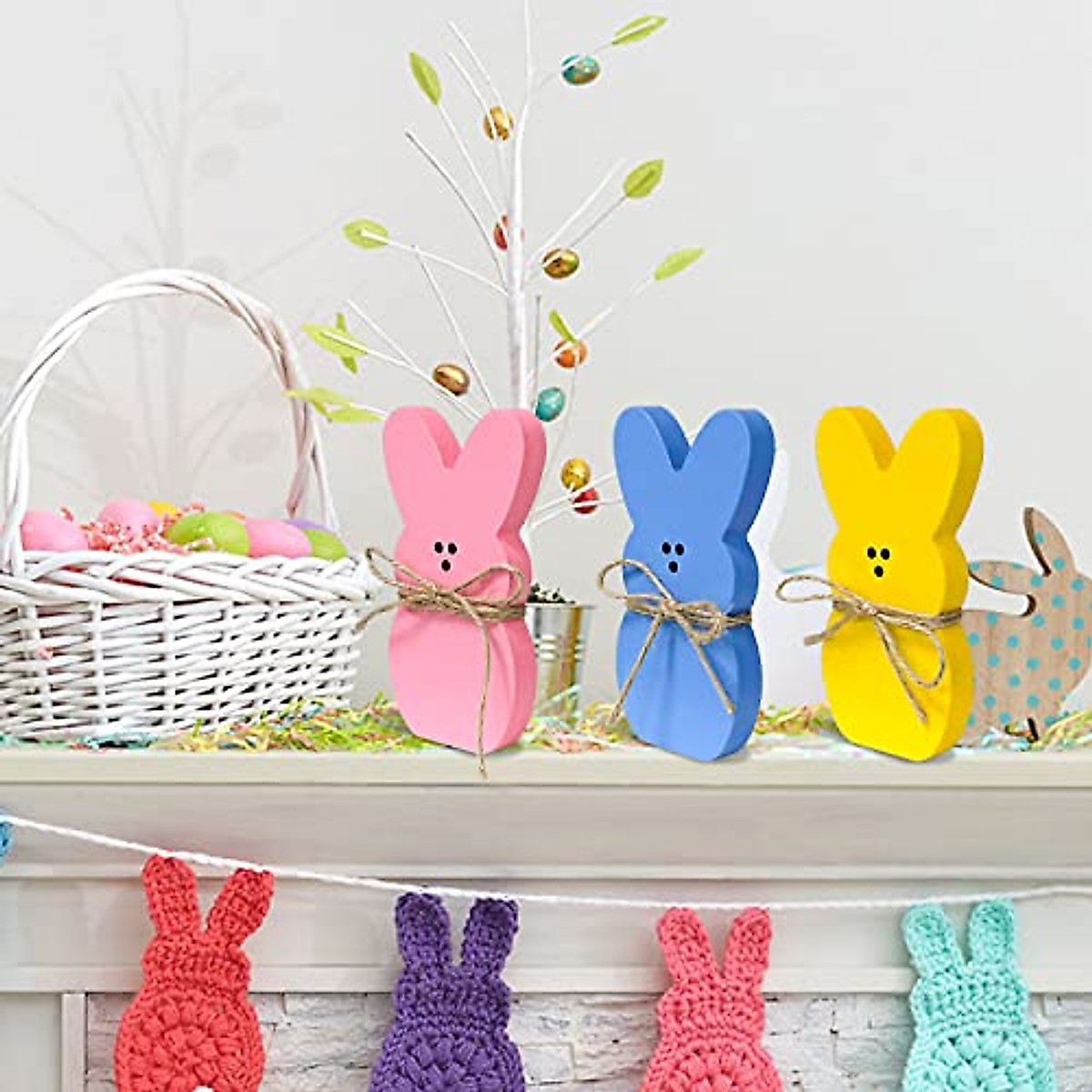3Pcs LEBERY Easter Bunny Wooden Table Centerpieces Sign Wood Bunny Peeps Rabbit Shape Tiered Tray Decor Rustic Farmhouse Decor Easter Bunny Decor for Spring Home Office Dining Room Mantel Tabletop