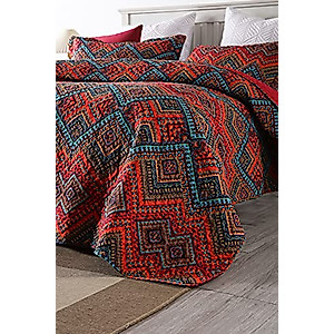 Yvooxny Quilt Set Queen Size Bedspread Bohemian Style Lightweight Cotton Quilted Coverlet Bedding Set for All Seasons, Boho Red Jacquard Pattern, 90 * 98 Inches