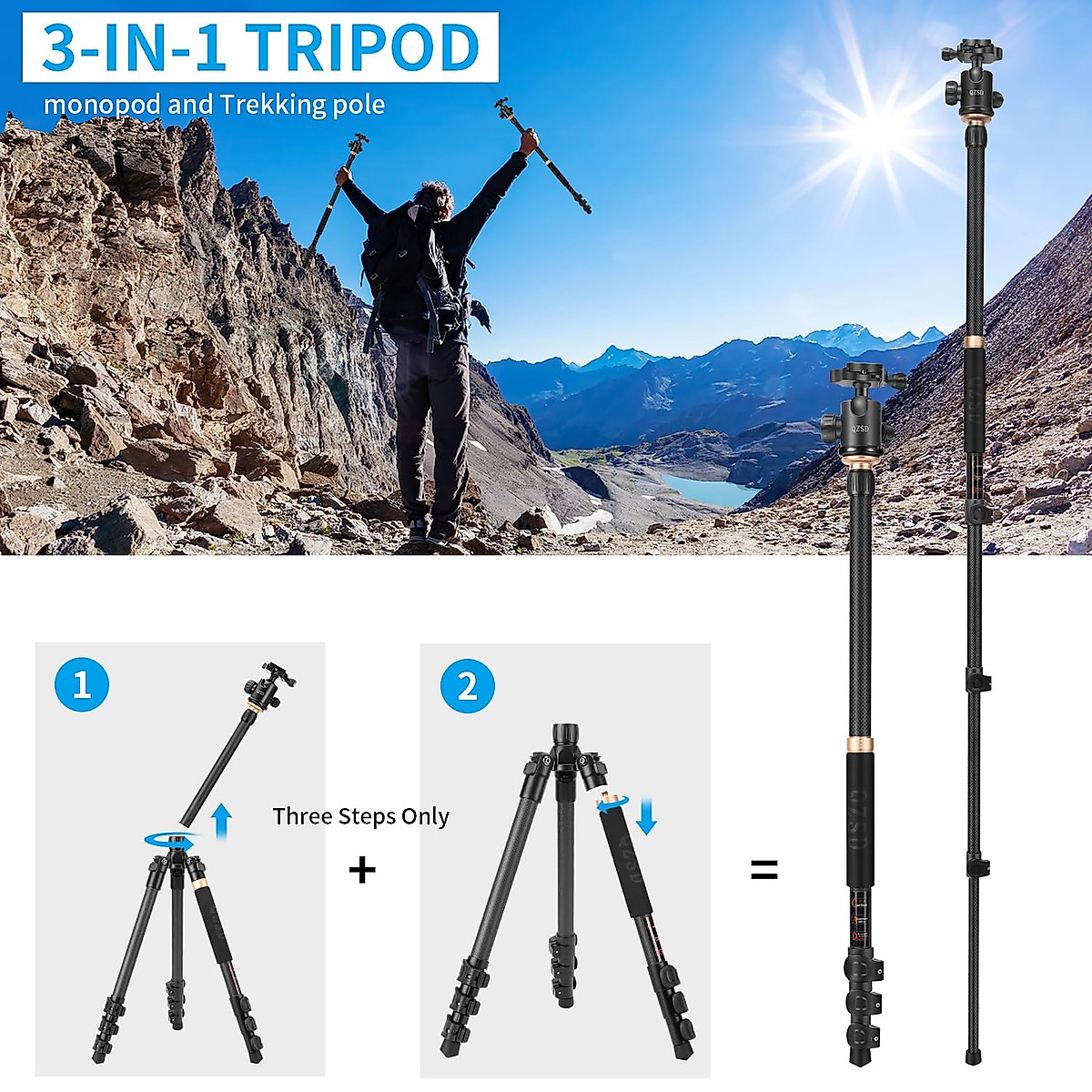 Carbon Fiber Lightweight Camera Tripod,Combination 66" Camera Tripod Stand,68" Monopod,with 360° Ball Head,2 QR Plates and Phone Holder,Heavy Duty for Cell Phone DSLR Canon Nikon, Max Load 26lbs