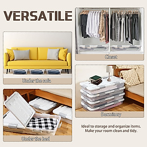 Beeveer 4 Pcs Plastic Under Bed Storage Containers with Double Opening Lids Wheel Handle, Transparent Large Capacity Stackable Latching Storage Bins for Closet Bedroom, 31.5 x 15.8 x 5.2 Inch(White)