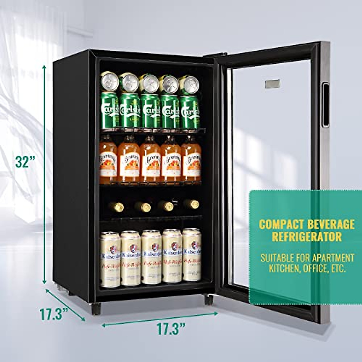 WANAI Beverage Refrigerator 125 Can Mini Fridge Cooler Black Mini Beer Fridge Glass Door for Wine Soda Juice Small Drink Cooler Machine Clear Front Removable for Home Office Bar Freestanding