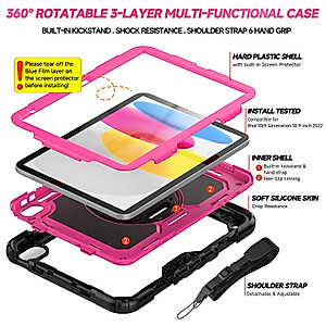 SIBEITU Case for iPad 10th Generation 10.9 inch 2022 with Screen Protector Pencil Holder, 3 Layer Shockproof Rugged Protective Case for iPad 10th Gen A2757/A2777 w/Kickstand & Shoulder Strap, Rose