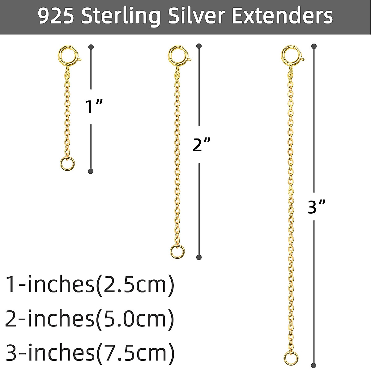 Gold Necklace Extenders 14k Gold Plated Extender Chain 925 Sterling Silver Extension Bracelet Extender Gold Chain Extenders for Necklaces 3 Pcs (1 2 3 Inch)(Gold)