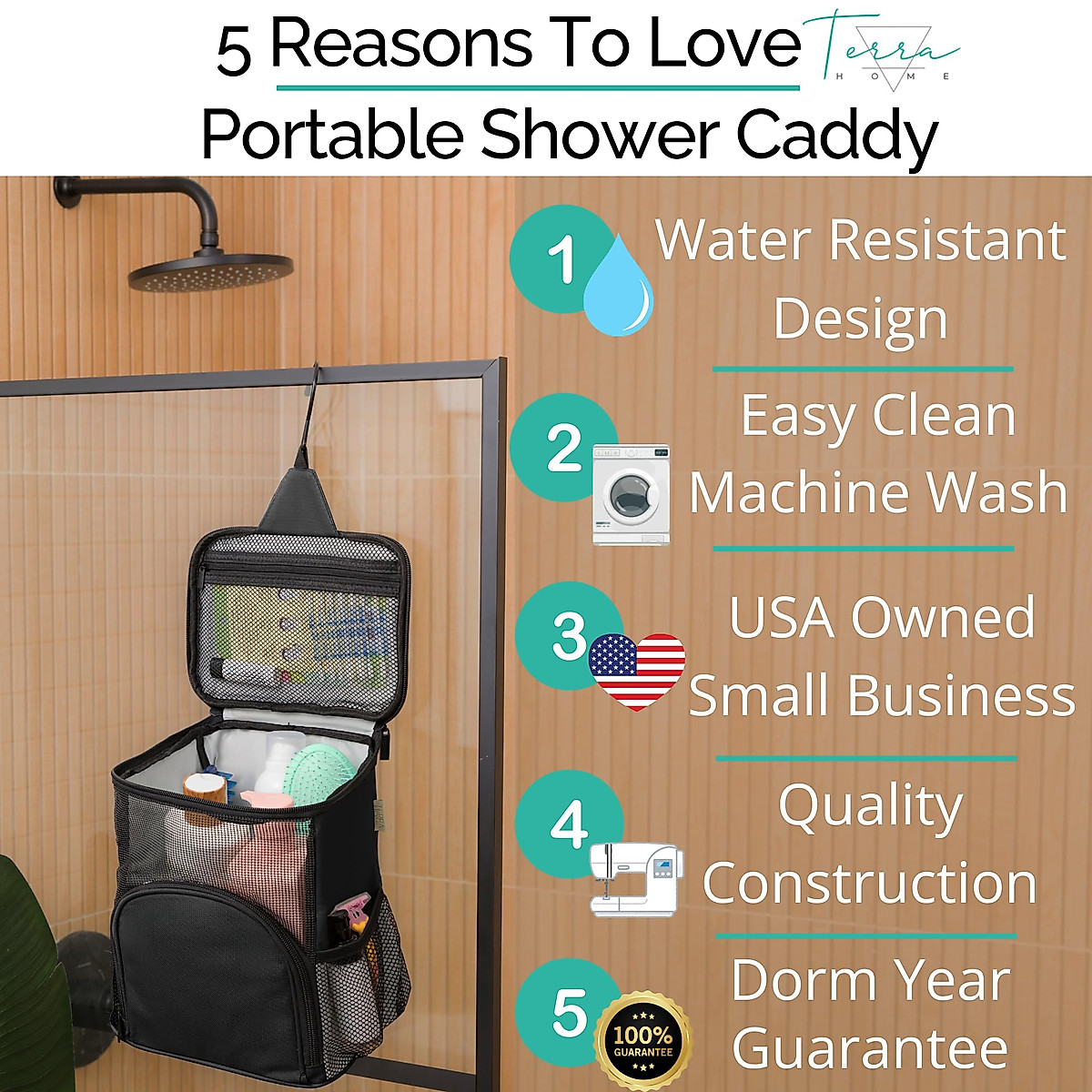 TERRA HOME Portable Shower Caddy For College Dorms - Foldable Mesh Tote - Dorm Room Essentials - Durable Hanging Travel Shower Bag - Perfect for College Students, Men, Women (Black)