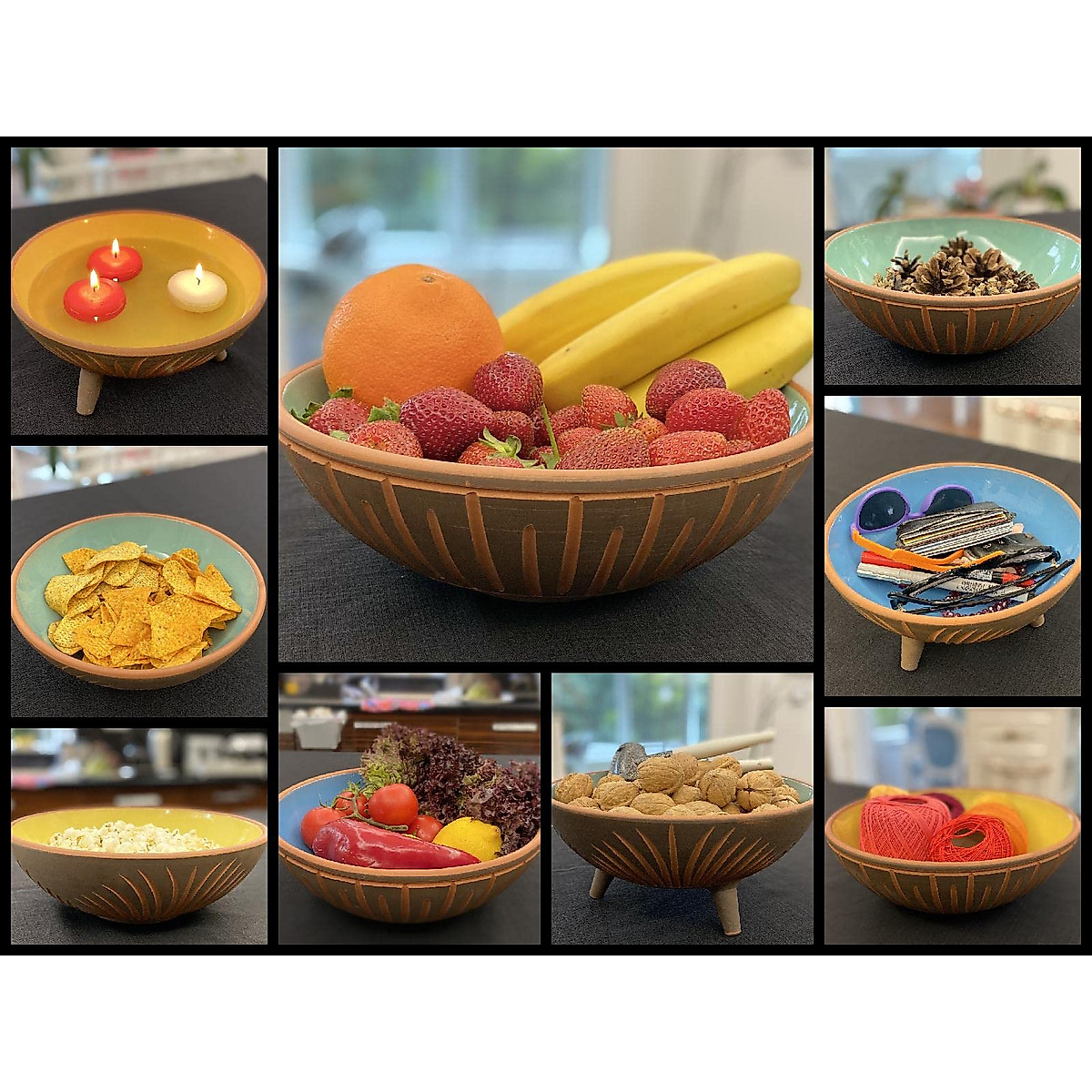 Handmade 10-inch Decorative Rustic Terracotta Bowl: Unique Gift! Ideal for Serving Fruit, Salad, Snacks, and Decorating. Leaf-Blue