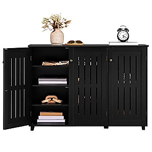 Yaheetech Shoe Storage Cabinet Floor Storage Organizer Wooden Cabinet with 3 Doors Adjustable Shelf for Entryway Living Room Home Office Black