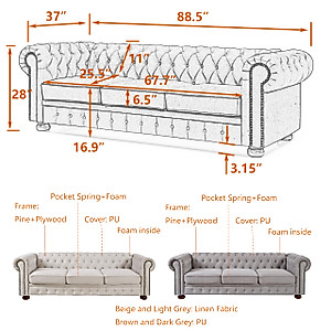 Lestar 88 inches 3 Seater Chesterfield Sofa with Nails Decoration in Linen Fabric, Comfy Couches for Living Room (Beige)