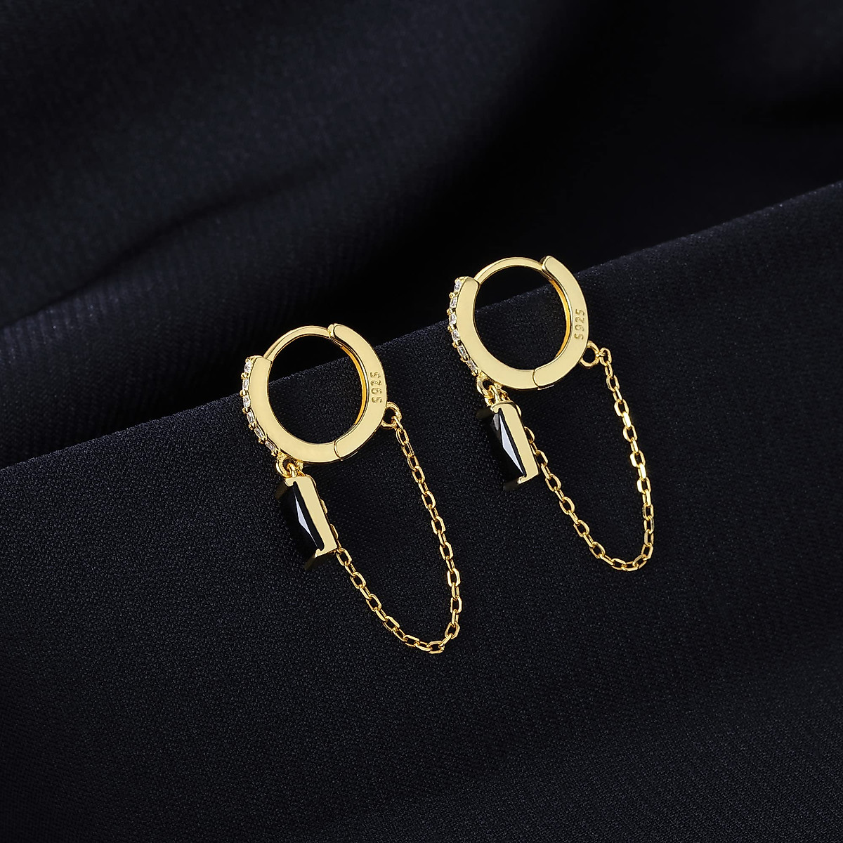 SLUYNZ 925 Sterling Silver Dangle Hoop Earrings for Women Minimalist Black CZ Hoop Earrings Tassel Chain (B-Gold Plated)