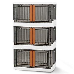 TRZZ 19Gal Closet Organizers and Storage, Collapsible Storage Bin with Lid for Dorm Room, Trunk Car Organizer, Stackable Cabinet Storage, Plastic Bins with Wheels, Folding Storage Box for Home, 3Pack