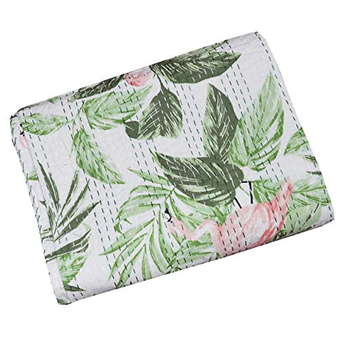 SHIRANYA Cotton Kantha Quilt Bedspread Queen Indian Handmade Flamingo and Leaf Print Throw Blanket Reversible Traditional Patchwork Stitched Bedding Comforter Decorative (90x108 Inch/220x274 cm)