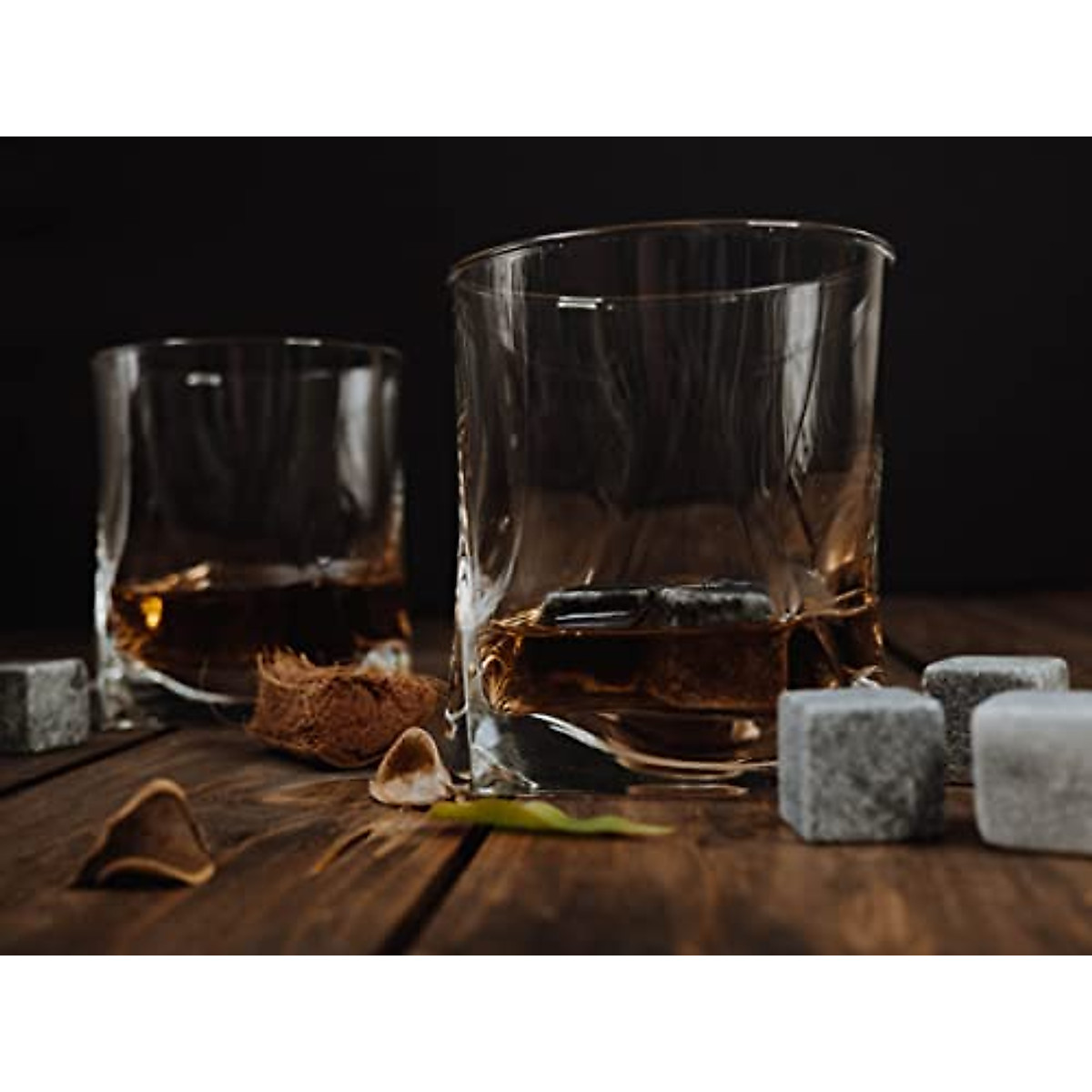 Luxury Whiskey Glass Set of 2, Gift Set in Wooden Box, Includes 8 Whiskey Ice Stones, Velvet Bag and Stainless Steel Tongs. Great Gift for Men, Dad, Christmas.. NO Coasters