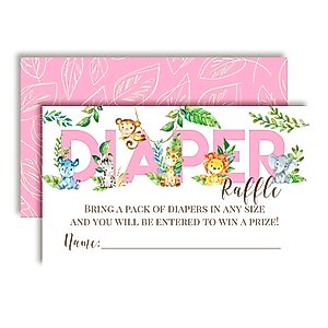Watercolor Jungle Animals Diaper Raffle Tickets for Girl Baby Showers, 20 2" X 3” Double Sided Insert Cards for Games by AmandaCreation, Bring a Pack of Diapers to Win Favors & Prizes!