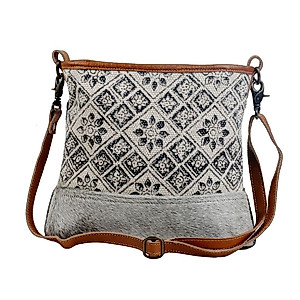 Myra Bag Tessellated Shoulder Bag Upcycled Cotton & Cowhide Leather S-2861