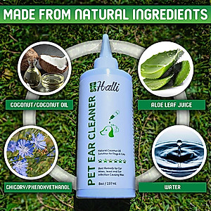 HALLI Jamaican Inspired Plant-Based Dog Ear Cleaner with Coconut Oil and Aloe Vera - Wax-Dissolving, Gentle Formula, Mild Scent - Large 8 oz Bottle