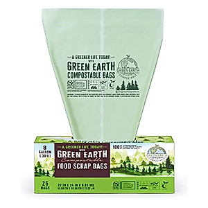 Green Earth Compostable Medium Kitchen Food Scrap Waste Bags, Compost Bin Compatible, 8 Gallon, 30 Liter, 25-Count, 0.85 Mil Thickness, ASTM D6400, US BPI and Europe OK Compost Home Certified, USA
