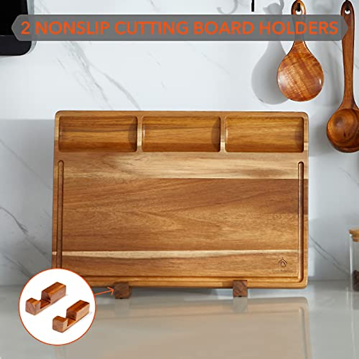 Befano Acacia Wood Cutting Board with Compartments 17"x 12"x 1.25", Extra Thick Reversible Butcher Block Cutting Board with Juice Grooves, Charcuterie Board for Meat, Cheese and Vegetables