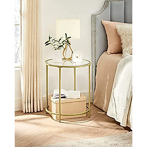 VASAGLE Round Side Table, Glass End Table with Metal Frame, Gold Coffee Table with Modern Style, for Living Room, Balcony, Bedroom, Gold Color