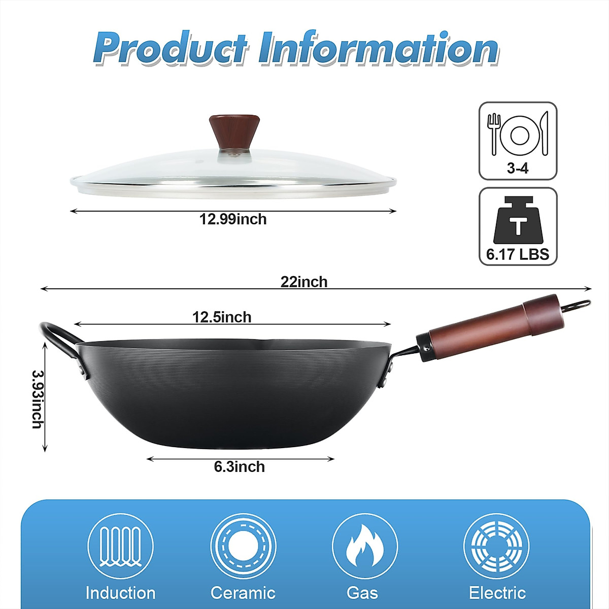 BIELMEIER Wok Pan with Lid， Versatile and Durable Carbon Steel Wok - Natural Non-Stick Woks and Stir Fry Pans, Flat Bottom Wok Suitable for All Cooktops - Perfect for Asian Cuisine