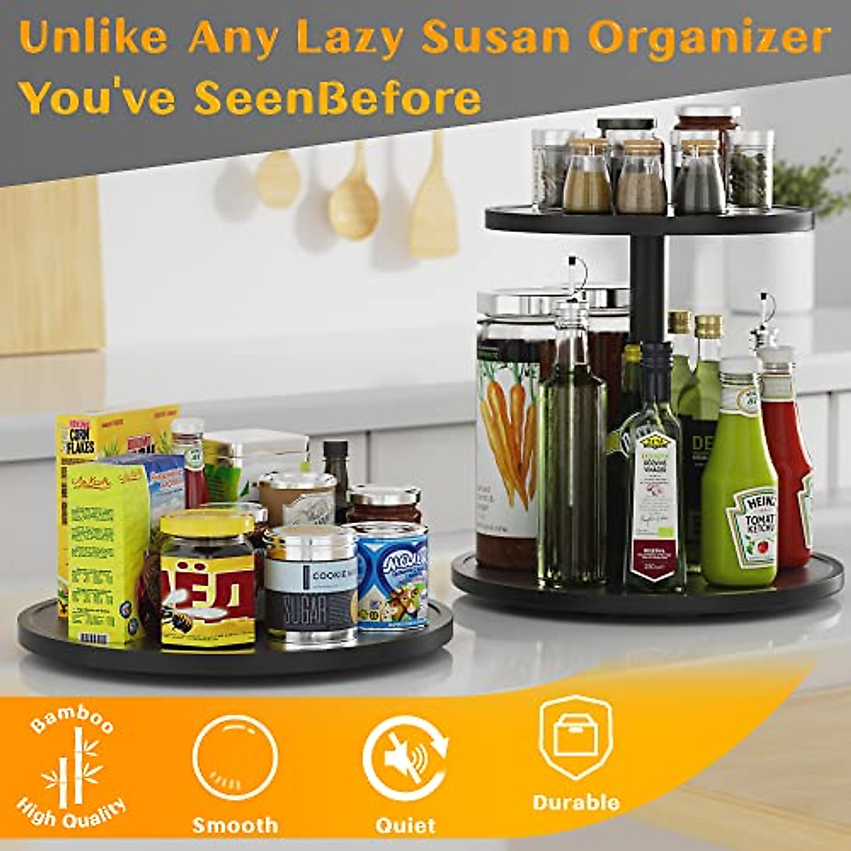 Homerays Lazy Susan Organizer 12 Inch Non-Skid Bamboo Lazy Susan for Kitchen Rotating Spice Rack for Kitchen Cabinet, Wood Turntable for Kitchen Countertop Organizer Black
