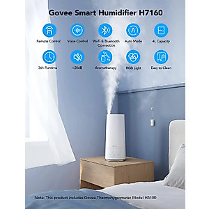 Govee 4L Smart Humidifiers for Bedroom with Hygrometer Thermometer, WiFi Voice & Remote Control, Top Fill Cool Mist Humidifiers for Baby and Plants, Essential Oils Diffuser, Lasts up to 36 Hours
