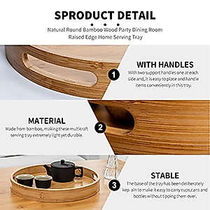 Bamboo Wood Round Tray w/Handles, Tea & Coffee Table Decorative Serving Tray Food Storage Platters for Serving Beverages & Food on Bar Living Room Home Dining Table (C - 35 cm/ 13.78 inch)