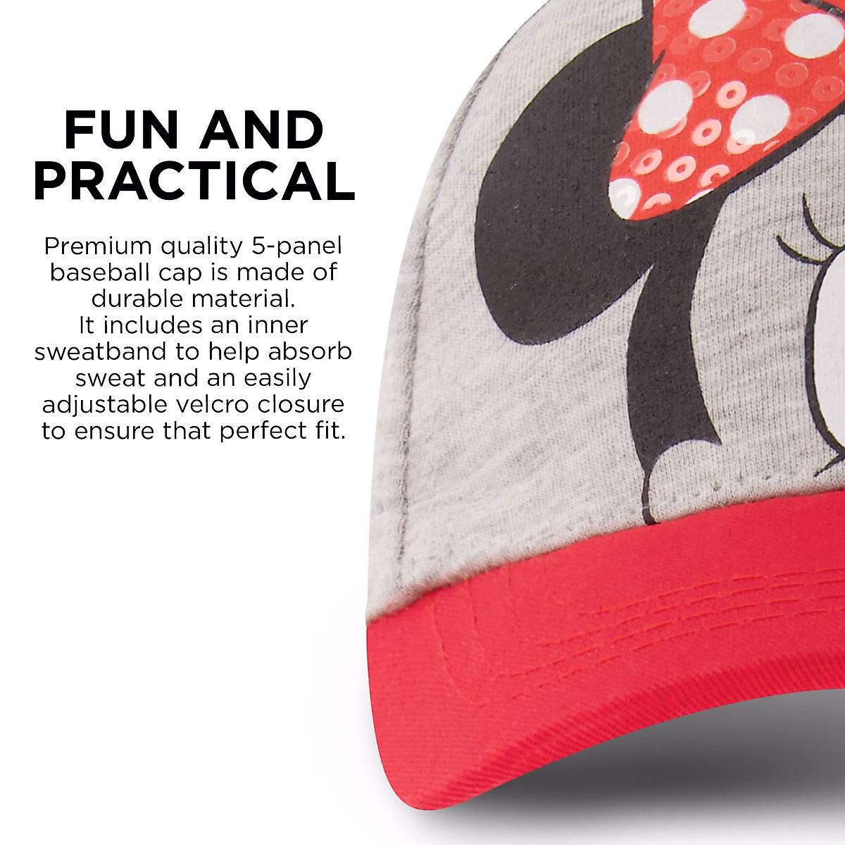 Disney Little Baseball Cap, Minnie Mouse Adjustable Toddler Ages 2-4, Grey/Red