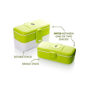 SARZ Bento Lunch Box for Kids - with 2 Containers and 4 Compartments, Modern Stackable Cute Bento Lunch Box with Cutlery Set, Two Adjustable Dividers, Microwave and Dishwasher Safe (Green)