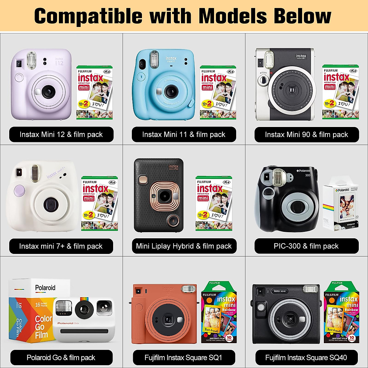 FINPAC Protective Case Leather Crossbody Handbag for Fujifilm Instax Mini 12/11/9/8+/8/90/70/40/26+/25/7s/Mini LiPlay/Square SQ1/SQ6/SQ40 Polaroid PIC-300 Instant Camera with Film Pack Pocket, Brown